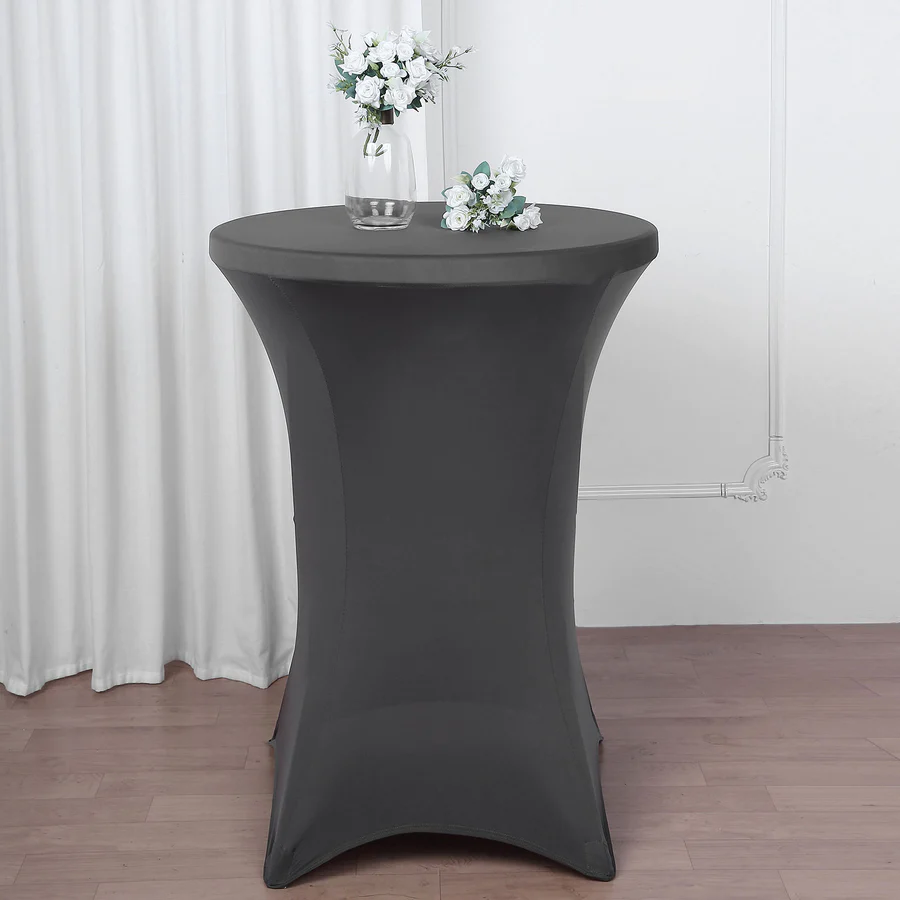 rental charcoal grey spandex cocktail cruiser table linen cover ottawa